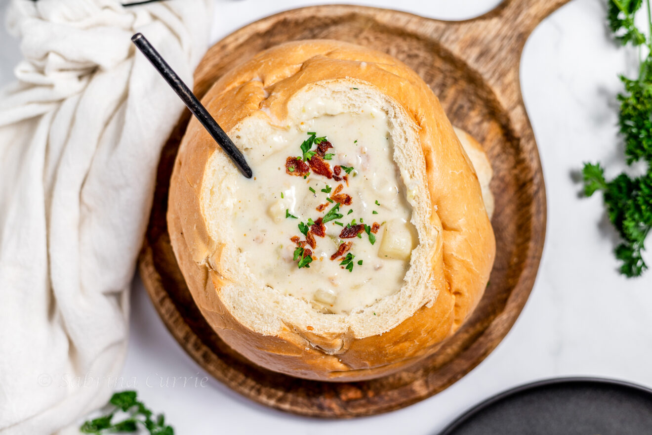 Creamy Clam Chowder In A Bread Bowl - Easy Recipe (GF option) - West ...